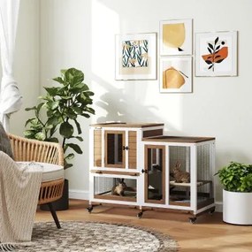 PawHut vnitřní králíkárna, králičí klec ze dřeva, luxusní design, 3 úrovně s 3 vyjímatelnými vložkami, 110 x 50 x 86 cm, hnědá