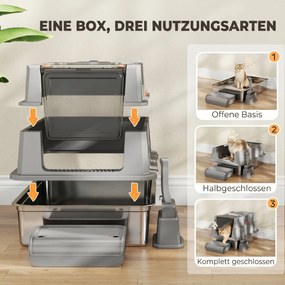 PawHut XXL nerezová toaleta pro kočky, objem 130 l — výklopné víko 180°, vysoké boky, lopatka a nášlap — pro až 3 kočky (do 10 kg každá) — 70 x 50 x …