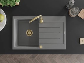 Mexen Bruno, granitový dřez 795x495x200 mm, 1-komorový, šedá se zlatým sifonem, 6513791010-71-G