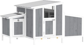 PawHut dřevěný kurník se výběhem, 145 x 90 x 92 cm — zvýšený, střecha z PET, zamykací dvířka, hnízdní box a bidýlka pro 3–4 slepice, šedý
