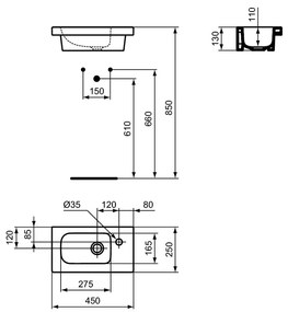 Ideal Standard Connect Space - Umývátko 450 mm (odkládací plocha vpravo), Bílá, E132101