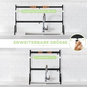 HOMCOM Sušák na nádobí, dvouúrovňový stojan na sušení nádobí, sušák o rozměrech 51-93 cm s háčky, odkapávač pro kuchyňský dřez, nerezová ocel, černý