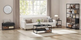 Knihovna, 4patrový regál s černým kovovým rámem a hnědými dveřmi