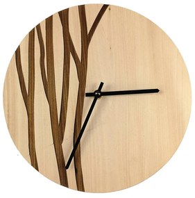 AMADEA Dřevěné hodiny nástěnné kulaté se vzorem větvičky, masivní dřevo, průměr 25 cm
