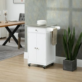 HOMCOM Bílý Kitchen Island Trolley z MDF a nerezové oceli s kolečky, víceúložný, 1 zásuvka, skříňka s 2 dveřmi a držákem na utěrku