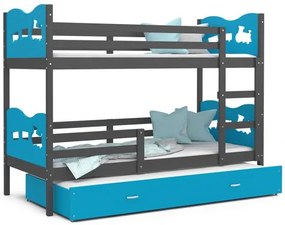 DOBRESNY Dětská patrová postel MAX 3 90x200 cm s šedou konstrukcí v modré barvě s vláčky