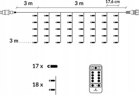 LED světelný závěs - 3x3m, 306LED, 8 funkcí, ovladač, IP44, studená bílá