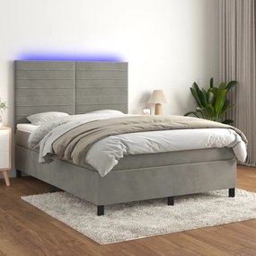 Box spring postel s matrací a LED světle šedá 140x200 cm samet