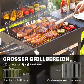 Outsunny gril na dřevěné uhlí s poklopem — BBQ vozík s 2 bočními stolky, velká grilovací plocha, teploměr a kolečka, 110 x 46,5 x 101 cm (černý)