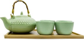 Porcelánová čajová souprava Tanaka pro 4, 600 ml – jadeitově zelená s reliéfem