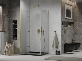 Mexen Lima, sprchový kout se skládacími dveřmi 80 (dveře) x 100 (stěna) cm, 6mm čiré sklo, chromový profil + slim sprchová vanička černá + zlatý sifon, 856-080-100-50-00-4070G