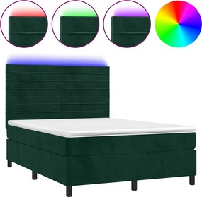 Box spring postel s matrací a LED tmavě zelená 140x200 cm samet 3136188