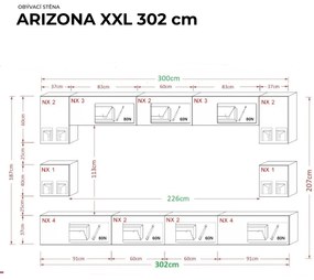 Ral Obývací stěna ARIZONA XXL, 302 cm - Černý lesk