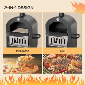 Outsunny 2v1 venkovní pizza trouba na kolečkách s grilem a krytem, pizza lopata, 2 grilovací sítě, grilovací vozík s komínem, 3-vrstvá trouba na dřev…