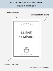 LNĚNÉ SEMÍNKO – bílá samolepka na dózu, základní písmo, 6 x 8 cm | DomaLEP