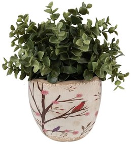 Béžový keramický obal na květináč s květy a ptáčky Birdie S - Ø 13*11 cm