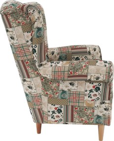 relaxační křeslo, ušák, dřevo/látka, nohy světlé/potah patchwork viorica 1, Tempo Kondela CHARLOT