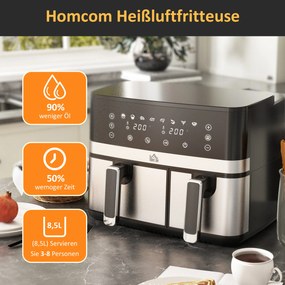 HOMCOM Horkovzdušná fritéza 8,5 l Dvoukomorová fritéza 8v1 s nepřilnavým povrchem Dotykový displej Chytrý časovač bez oleje Černá | Aosom