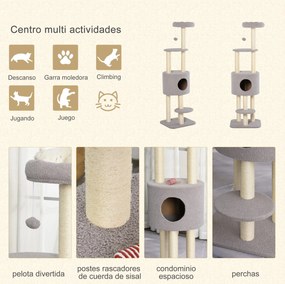PawHut Kočičí škrabadlo výška 148 cm kočičí věž se sisalovými sloupy 3 platformami, domečkem a visící koulí šedá