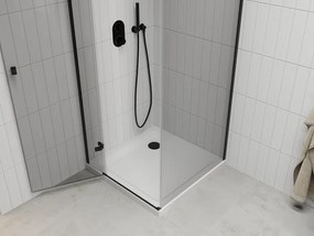 Mexen Roma, sprchový kout s 1-křídlými dveřmi 80 (dveře) x 80 (stěna) cm, 6mm čiré sklo, černý profil, slim sprchová vanička 5cm bílá s černým sifonem, 854-080-080-70-00-4010B