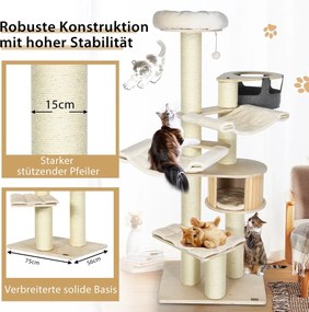 Costway 197 cm 7patrové dřevěné škrabadlo s houpací sítí a jeskyní pro kočky
