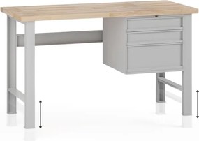 Výškově nastavitelný dílenský stůl G7, buková spárovka, 1500 x 800 x 840-1040 mm, 1x kontejner, 3 zásuvky, šedá