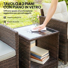 Outsunny 3dílný PE ratanový zahradní set — 2 křesla s polstrováním a konferenční stolek se skleněnou deskou, hnědá/krémová — balkon/terasa