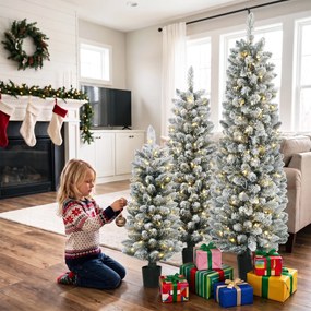 HOMCOM Sada 3 ks sněhem pokrytých LED vánočních stromků, úzké, s PVC větvemi, 90/120/150 cm