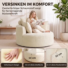 HOMCOM Křeslo s hlubokým sedákem, jednosedací pohovka bez pevného rámu, design z plné pěny, 4 polštáře, krémově bílá