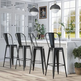 HOMCOM Sada 4 Stackable Barových Židlí Průmyslové Barové Křeslo s Opěrkou a Podnožkou, Výška Sedáku 76 cm, Černý Kov