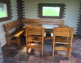 KULHÁNEK Zahradní dubová sestava - stůl, 2x křeslo, 1x rohová lavice (rustikální provedení) Odstín nátěru: lazura - pinia