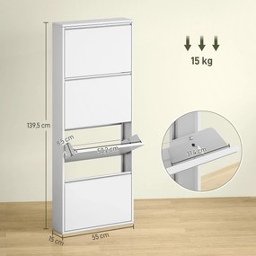 HOMCOM Kovový botník se 4 sklápěcími dvířky, úzký botník pro 8 párů bot 55 x 15 x 139,5 cm Bílý