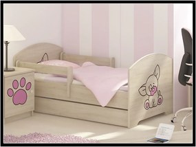 Dětská postel Oskar Čivava 160x80 cm - Dub Sonoma - 1x krátká + 1x dlouhá zábrana se šuplíkem - Růžová