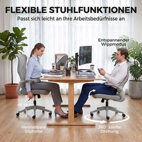 HOMCOM Ergonomická kancelářská židle z mesh, otočná židle s vysokým opěradlem a sklápěcími područkami, s houpací funkcí, šedá