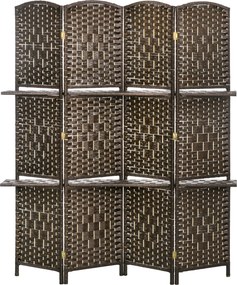 HOMCOM Paravan 4 Panely 160 x 170 cm s 2 Policemi, Skládací, Borovicové Dřevo pro Kancelář, Obývací Pokoj, Ložnici, Hnědý