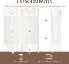 HOMCOM Skládací Předěl s 4 Panely 160x170 cm, S Rámem z Dřeva a Papírovým Provázkem pro Ložnici a Obývací Pokoj - Bílá