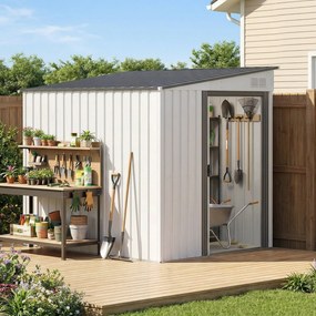 Zahradní kůlna Outsunny ze železa 1,5x2m se základem, se skládacími dveřmi, šikmou střechou, policemi, háčky a větracími otvory, bílá