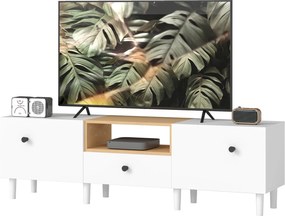 HOMCOM TV nábytek až do 177,8 cm s 2 sklápěcími dvířky, zásuvkou a otevřenou přihrádkou, dřevo, 150x35x45 cm, bílá a dřevěný vzhled