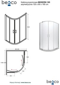 BESCO Asymetrický sprchový kout MODERN 185 + vanička z litého mramoru LAKA BARVA rámu - Chrom/Leštěný hliník (ALU), Rozměr A - 120 cm, Rozměr B - 90 cm, Vanička HL - Včetně vaničky, Výplň - Frost bezpečnostní sklo - 6 mm, Způsob...