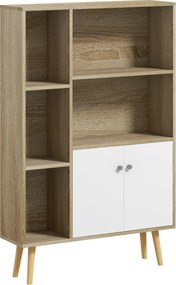 HOMCOM Knihovna v severském stylu z ořechového dřeva, rozměry 80L x 23,5W x 123H cm, 5 polic, skříňka s 2 dveřmi, zúžené nohy ze solidního borového dř