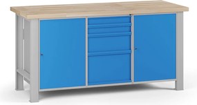 Dílenský pracovní stůl G7, buková spárovka, 1700 x 685 x 840 mm, 2x skříňka, 4 zásuvky, modrá