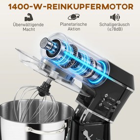 HOMCOM Kuchyňský robot s hnětacím strojem, 7l nerezová mísa, 1400 W, s naklápěcí hlavou, hnětací hák, metla, šlehací metla