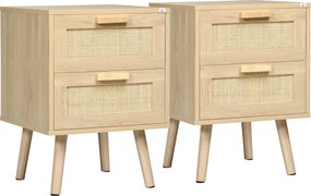 HOMCOM Set 2 Nočních Stolků, Boční Stoly, 2 Zásuvky s Ratanovými Předními Stranami, Boho Styl, Noční Stolky, Nohy z Přírodního Borového Dřeva