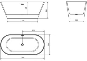 Mexen Flavia, volně stojící vana 160 x 75 cm, bílá-černá, chromový přepad, 54031608075-01