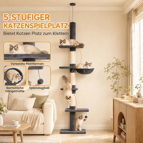PawHut Škrabadlo do stropu 225-255 cm výškově nastavitelné Kočičí strom s 5 patry, 3 sisalovými škrabadly, houpací síť, platformy