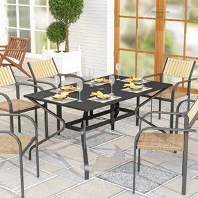 Outsunny Zahradní stůl z oceli 150x90 cm, odolný vůči počasí, balkonový stůl s otvorem na slunečník, lamelový design pro 6 osob, černý