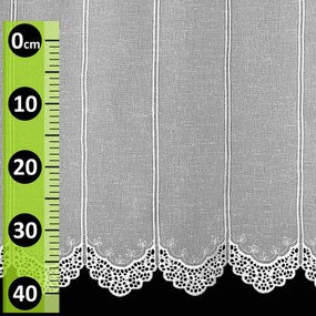 Českomoravská textilní vitrážová záclona, polyesterový batist V507 lístky s bordurou, vyšívaná, bílá výška 60cm (v metráži)