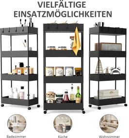 HOMCOM Servírovací Vozík se 4 Úrovněmi – Kuchyňský Vozík s Koly a Háčky, Víceúčelový Vozík pro Kuchyni, Kancelář a Koupelnu, Bílá a Černá