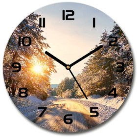 Wallmuralia Skleněné hodiny na stěnu Cesta v lese zima fi 30 cm