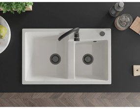 Mexen Tomas, granitový dřez 800x500x190 mm, 2-komorový, bílá s černým sifonem, 6516802000-20-B